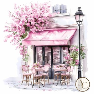 Pink Coffee Shop Clipart, Cute Paris Cafe JPG, Watercolor Parisian ...