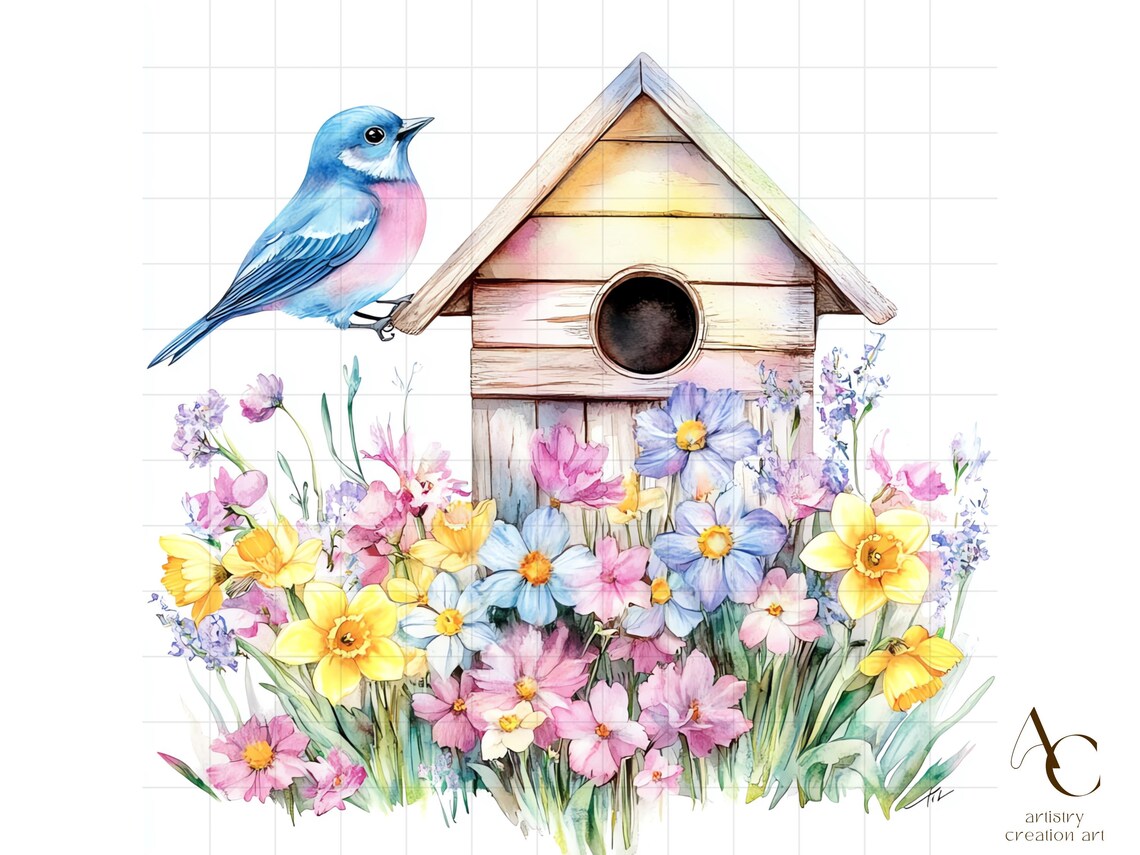 12 Spring Birdhouse Clipart, Bird Floral JPG, Bluebird Wildflower, Wild ...