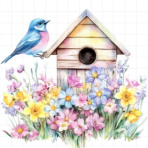 12 Spring Birdhouse Clipart, Bird Floral JPG, Bluebird Wildflower, Wild ...