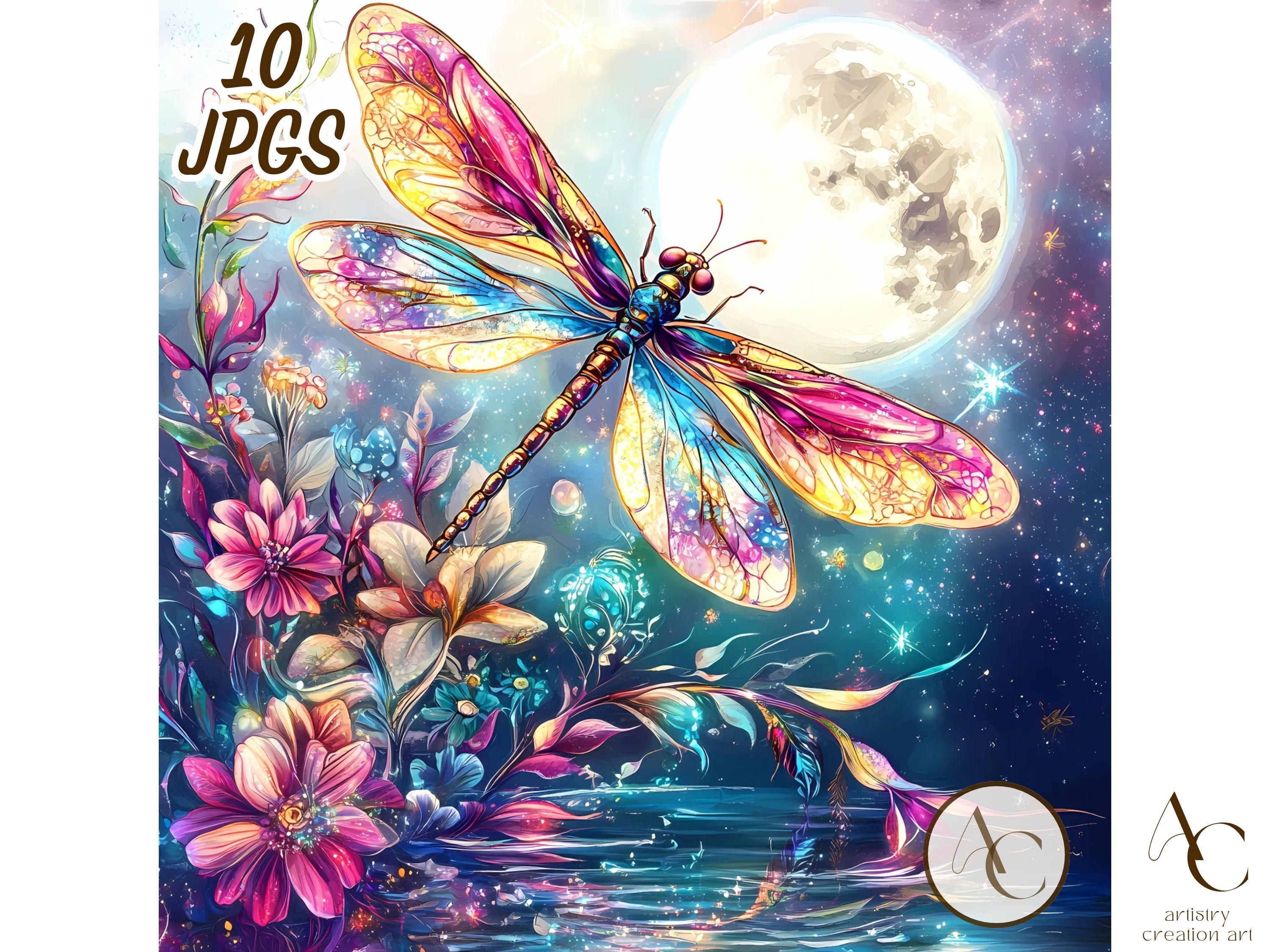 Dragonfly Clipart Bundle, Tropical Moon JPG, Insect Paper, Watercolor ...