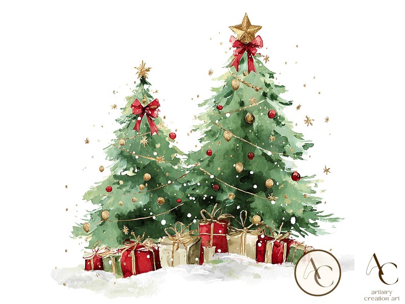 20 Christmas Tree Scene JPG, Snowy Winter Forest Clipart, Watercolor ...
