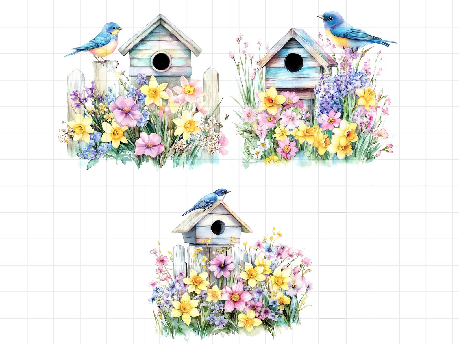 12 Spring Birdhouse Clipart, Bird Floral JPG, Bluebird Wildflower, Wild ...