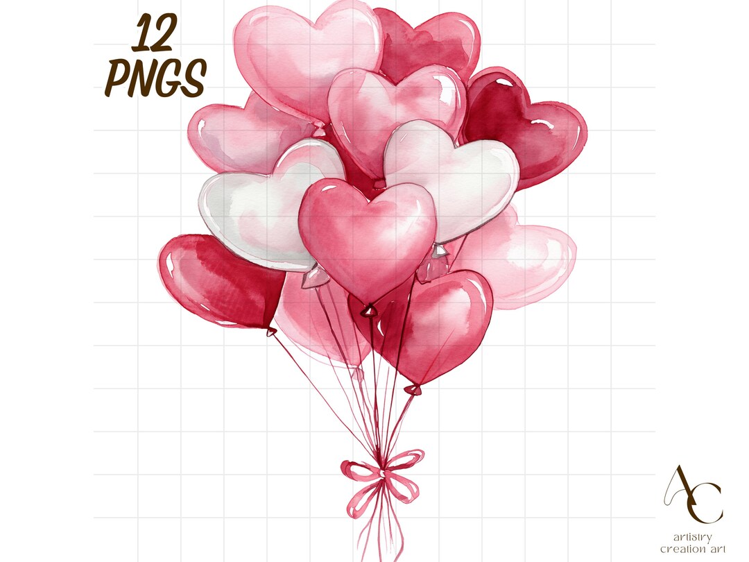 12 Valentines Balloon Clipart PNG, Watercolor Coquette Bow, Vday Love ...