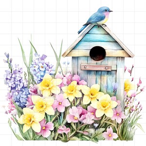 12 Spring Birdhouse Clipart, Bird Floral JPG, Bluebird Wildflower, Wild ...