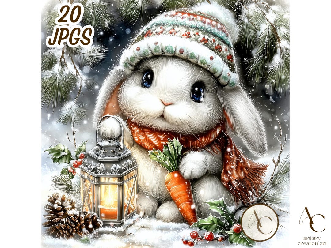 20 Winter Bunny Clipart Bundle, Christmas Rabbit JPG, Snowy Xmas ...