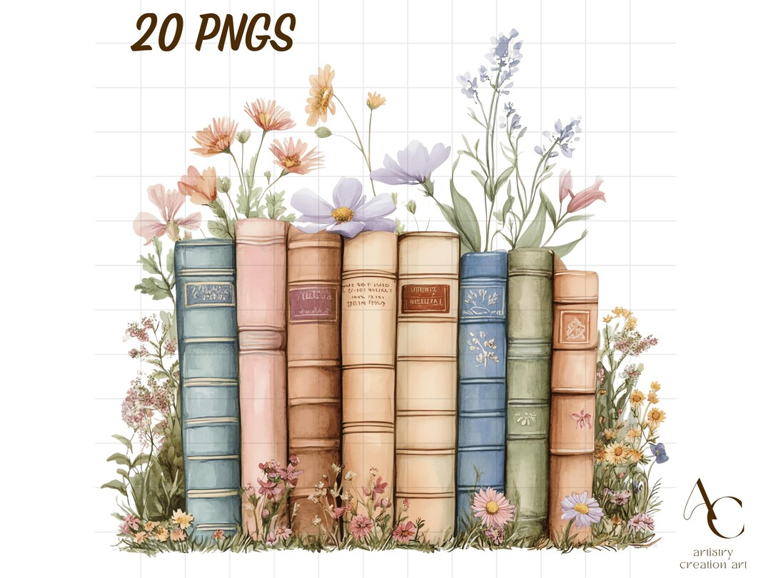20 Wildflower Books Clipart, Watercolor Bookstack, Book Lover Png ...