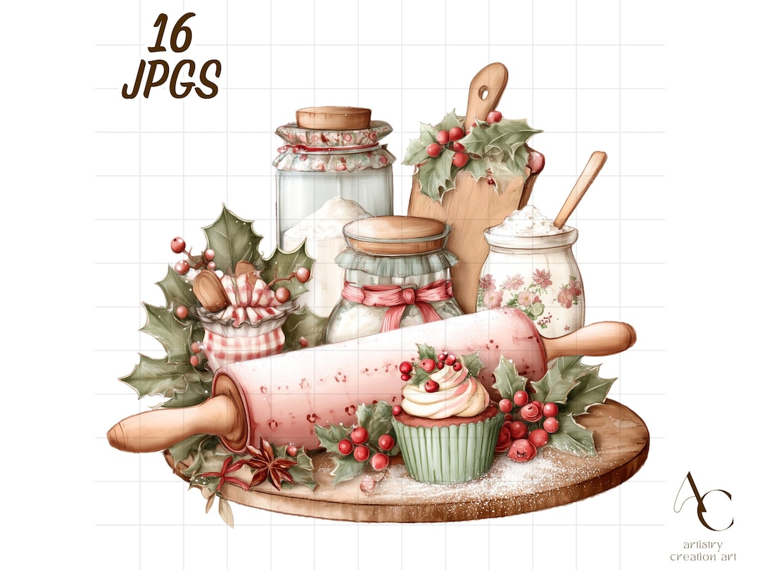 16 Christmas Baking Clipart JPG, Watercolor Xmas Bakery Bundle, Vintage ...