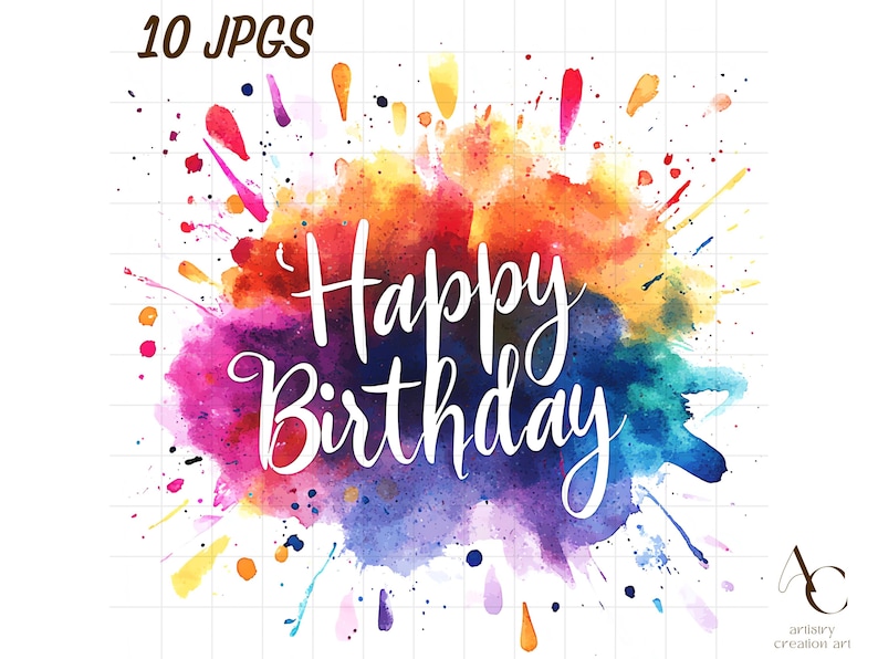 10 Happy Birthday Clipart Pack, Colorful Watercolor JPG, Celebration Party, Word Text Clip Art ...