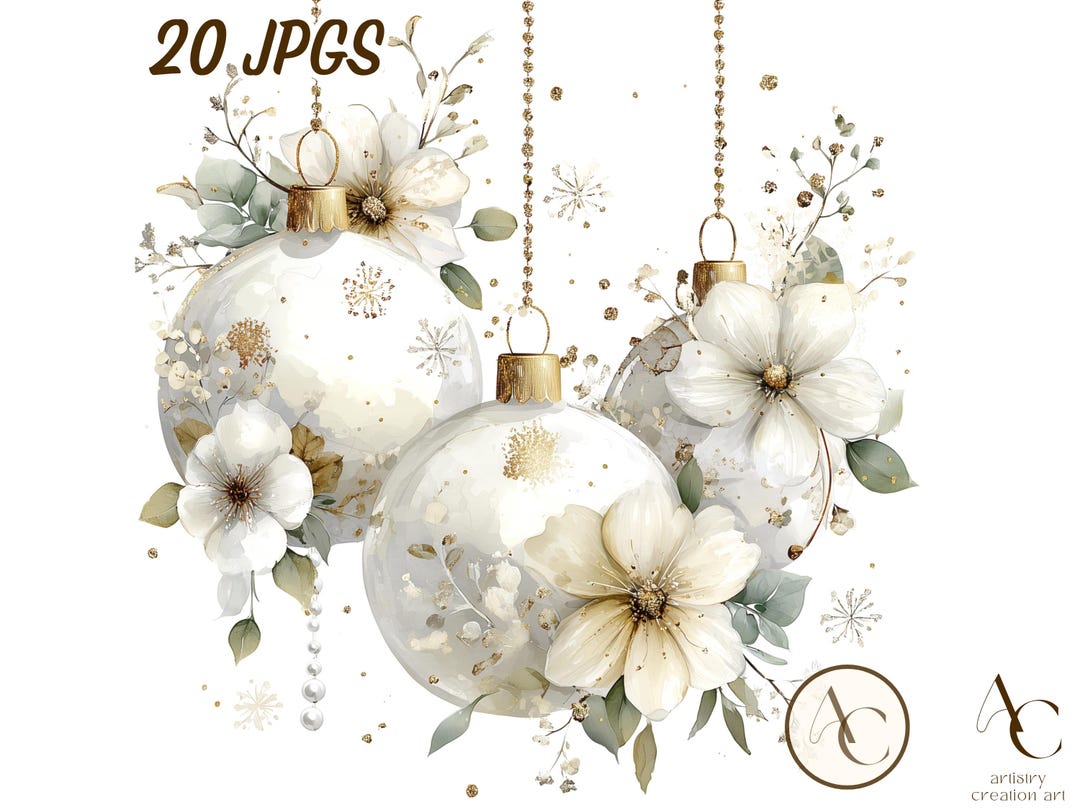20 White Gold Christmas Decor Clipart, Xmas Ornament Hanging JPG ...