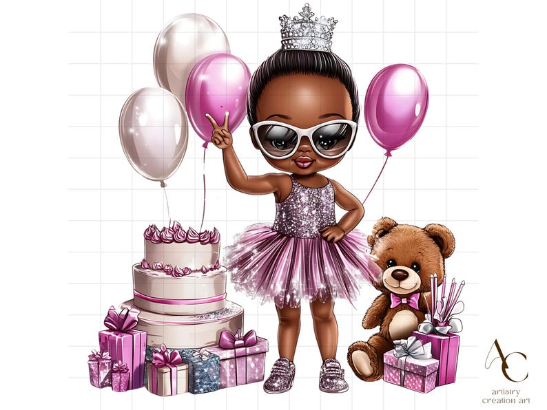 10 Black Birthday Girl Clipart, Pink Princess, Glitter Afro Child Png ...