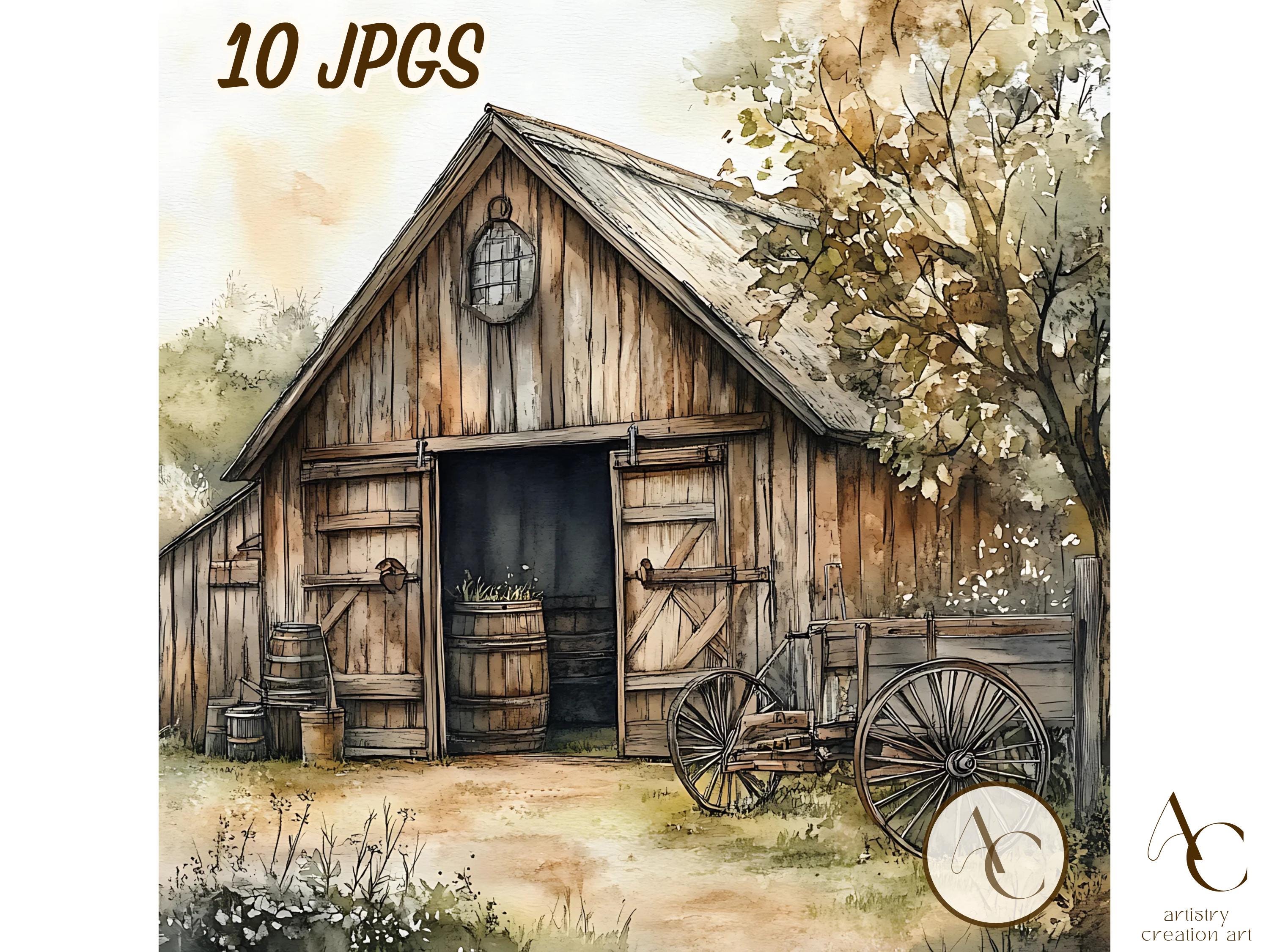 10 Old Barn Clipart Bundle, Vintage Farm Life JPG, Country Scene Paper ...