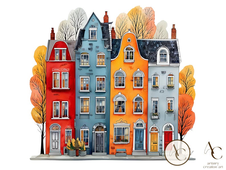 20 Whimsical Houses Clipart, Watercolor City Homes PNG, Colorful Town ...