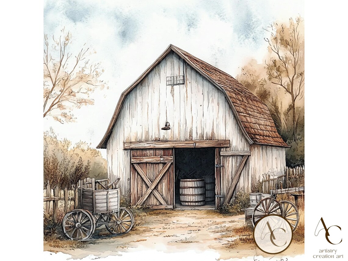 10 Old Barn Clipart Bundle, Vintage Farm Life JPG, Country Scene Paper ...