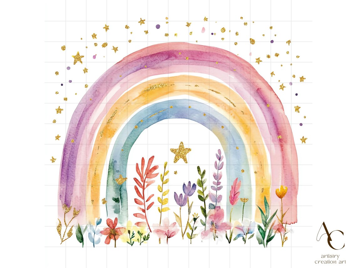 12 Boho Rainbow Clipart, Pastel Floral JPG, Kids Nursery, Gold Glitter ...