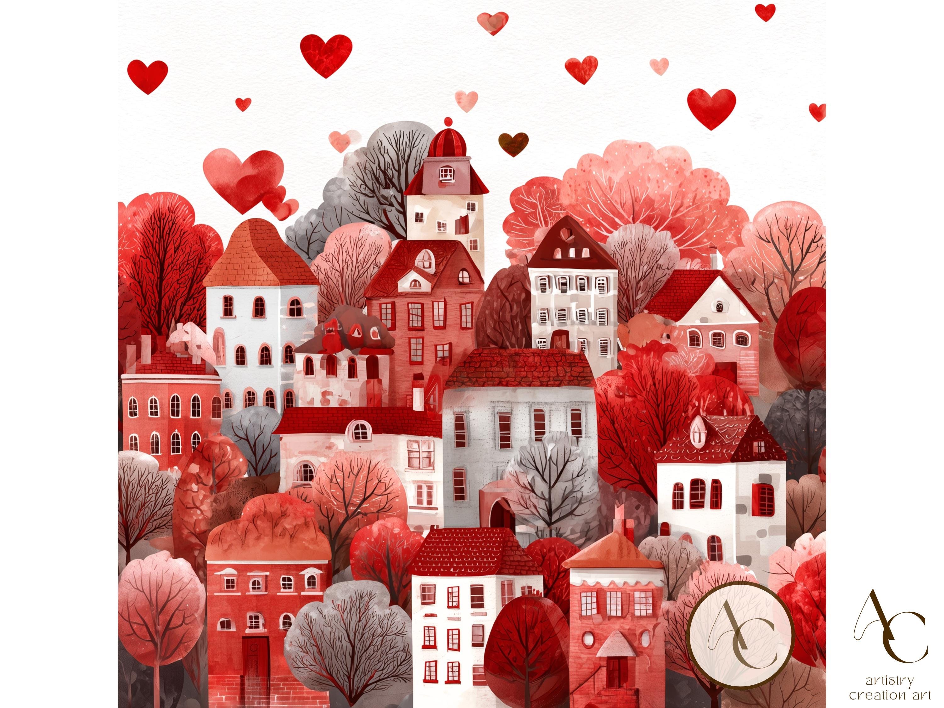 20 Valentine Town Clipart JPG, Watercolor Village Street, Vday Love ...