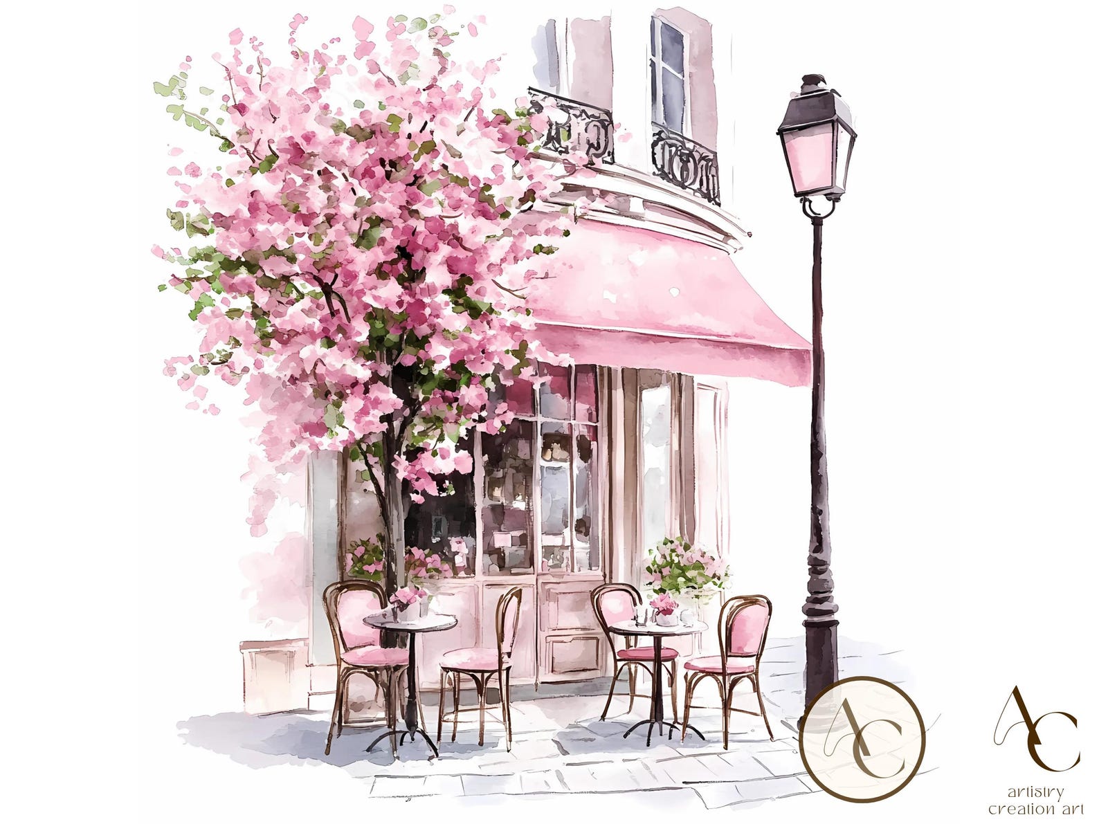 Pink Coffee Shop Clipart, Cute Paris Cafe JPG, Watercolor Parisian ...