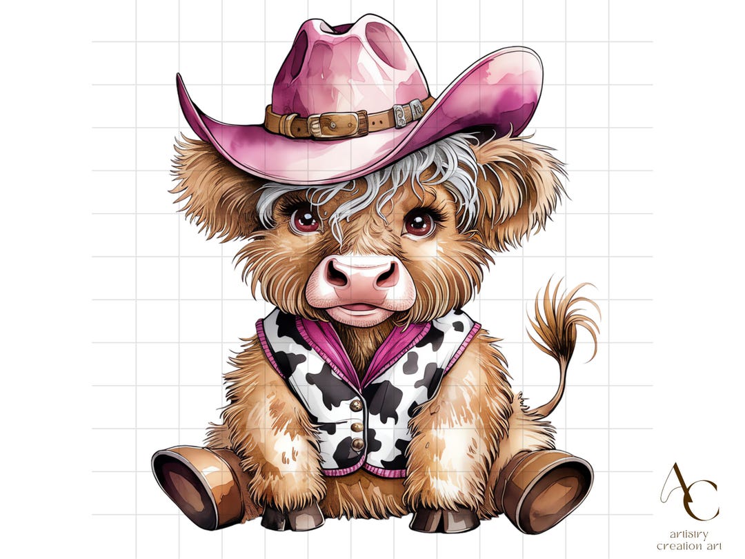 Cowgirl Highland Cow Clipart, Stylish Western Design, Baby Farm Animal ...