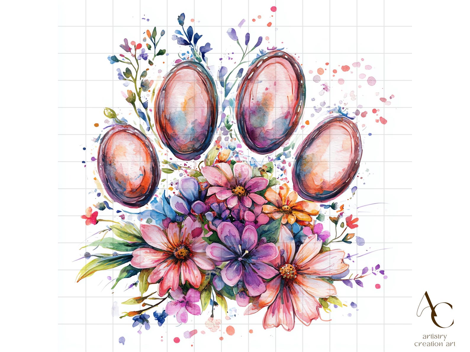 Floral Paw Print Clipart, Spring Wild Flower JPG, Pet Lover, Botanical ...