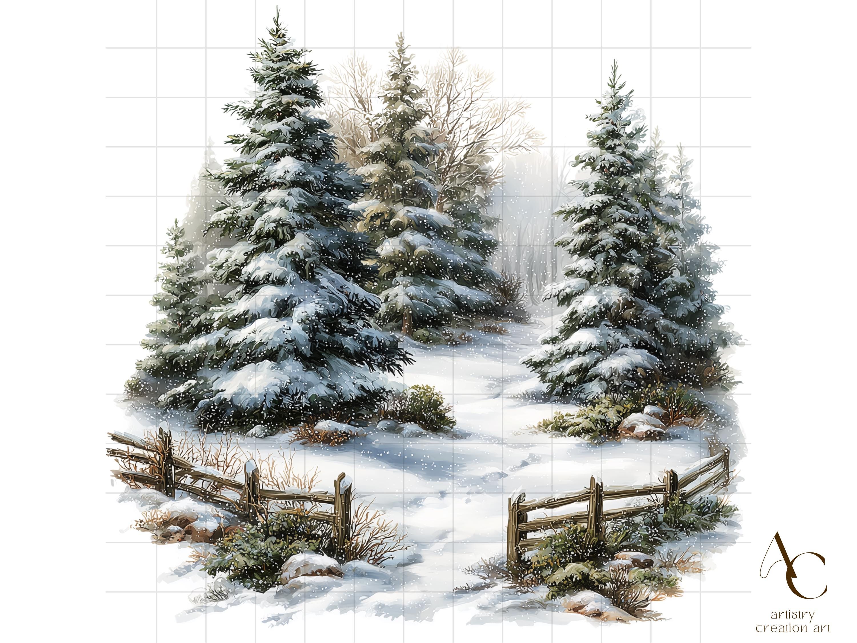 20 Winter Wonderland Landscape Clipart, Watercolor Forest Scene PNG ...