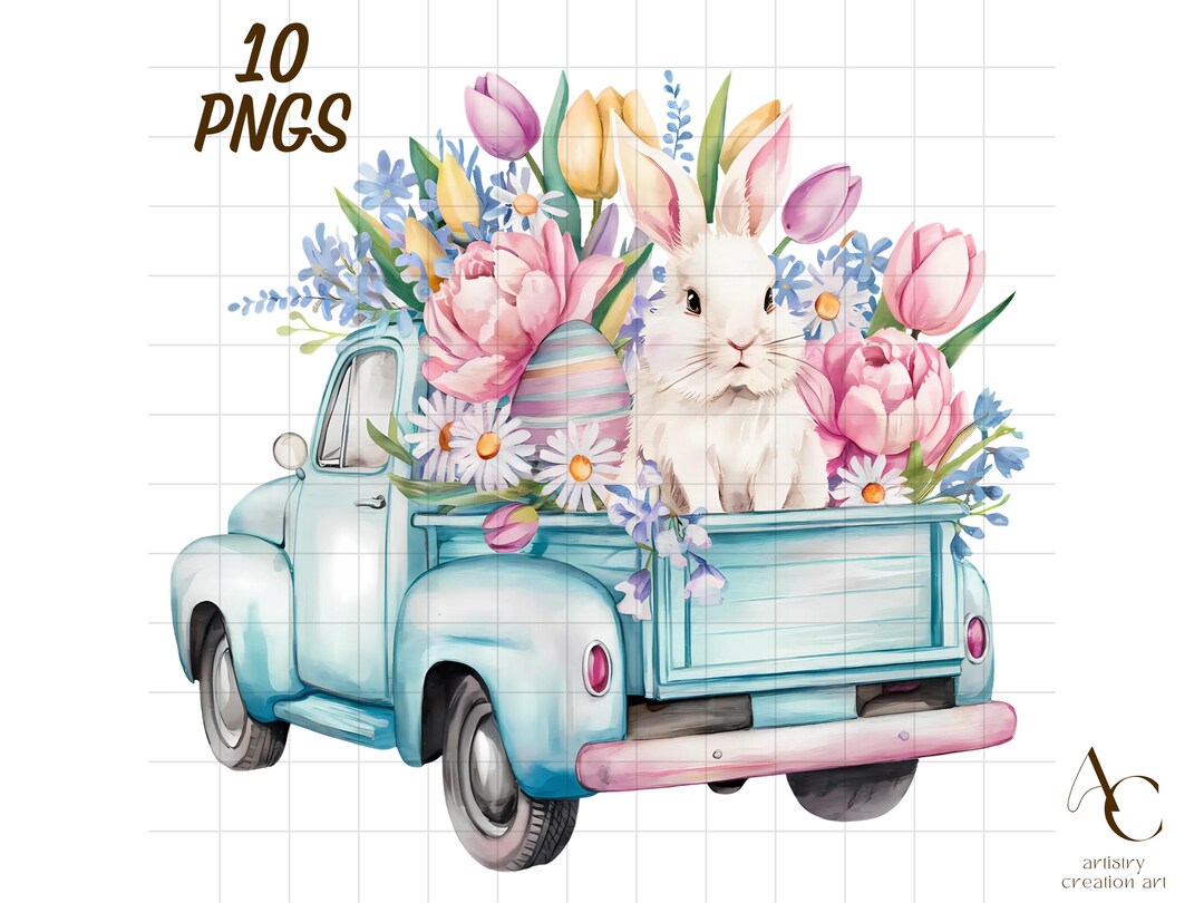 10 Easter Truck Clipart, Bunny Floral Png, Happy Easter Day, Watercolor ...