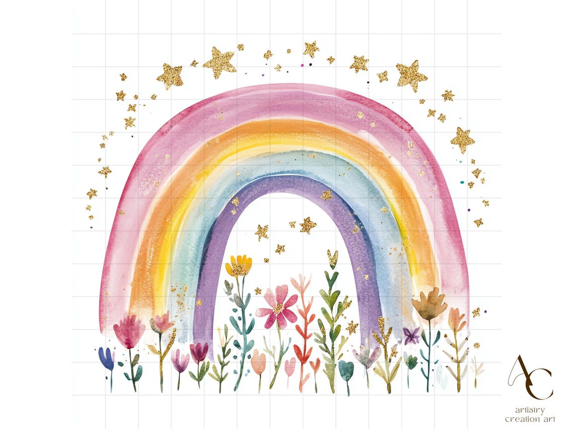 12 Boho Rainbow Clipart, Pastel Floral JPG, Kids Nursery, Gold Glitter ...