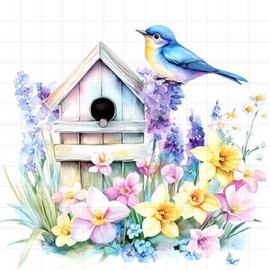 12 Spring Birdhouse Clipart, Bird Floral JPG, Bluebird Wildflower, Wild ...
