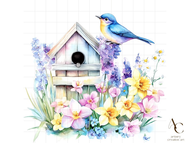 12 Spring Birdhouse Clipart, Bird Floral JPG, Bluebird Wildflower, Wild ...