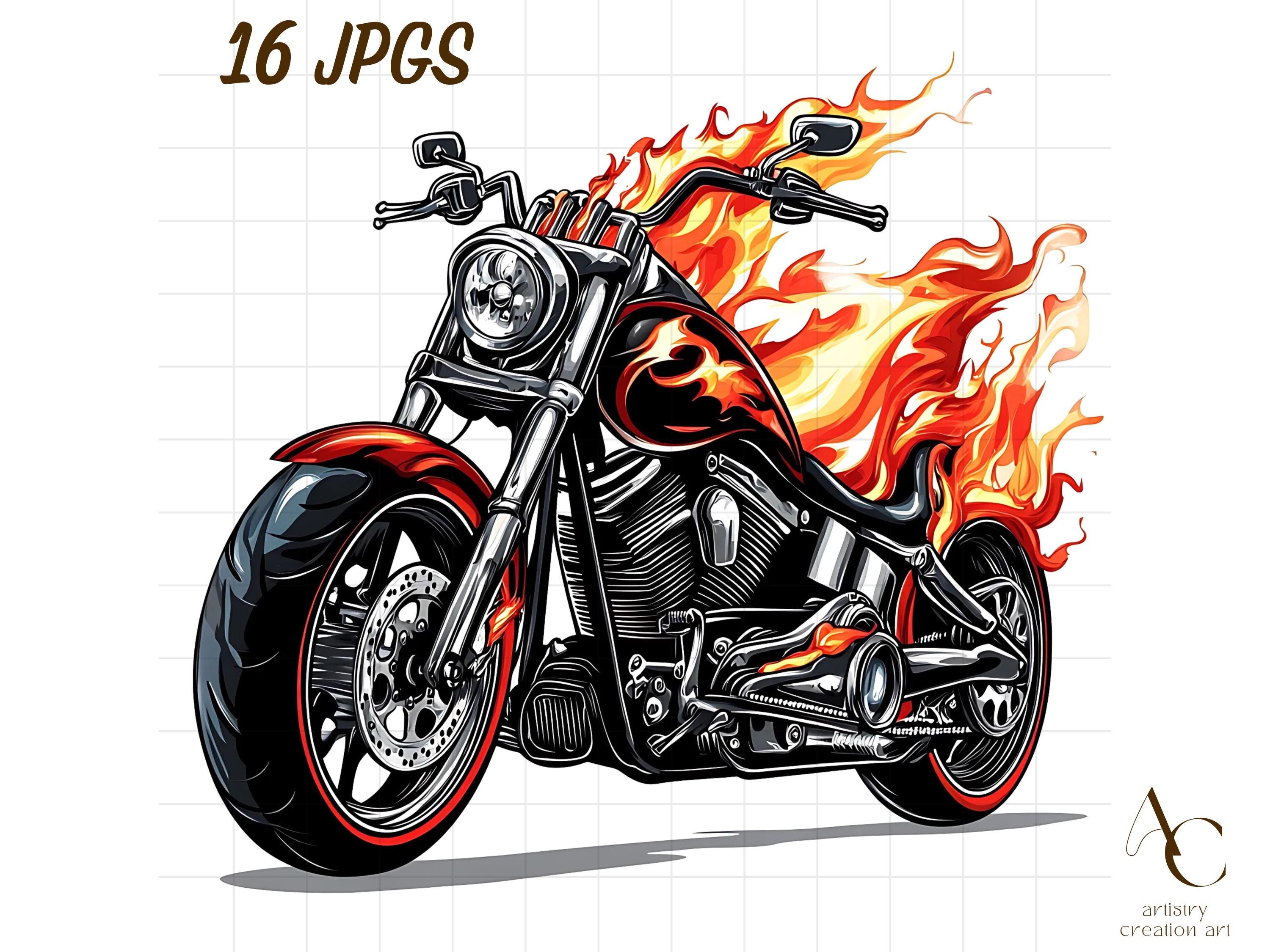 16 Motorbike With Flames Clipart, Motorcycle on Fire JPG, Watercolor ...