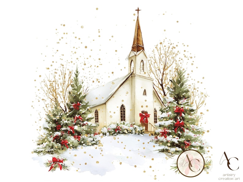 20 Christmas Church Scene JPG, Snowy Winter Faith Clipart, Watercolor ...