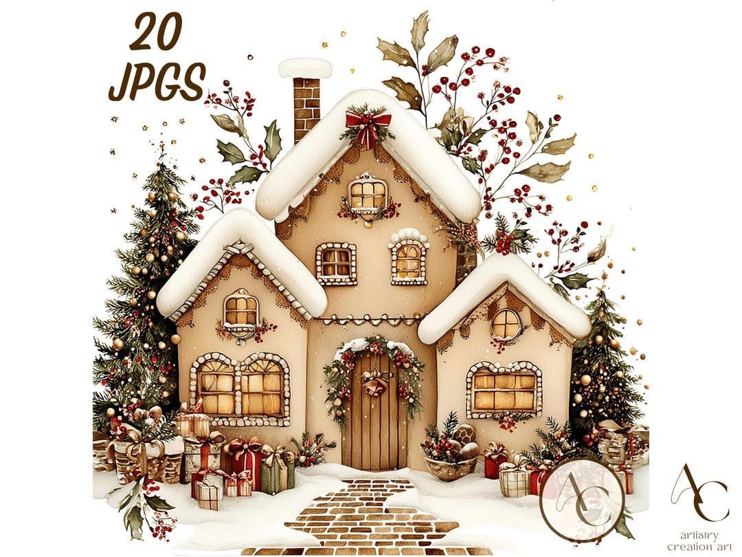 20 Watercolor Gingerbread House Clipart, Ginger Bread Village PNG ...