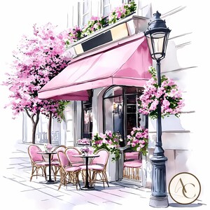 Pink Coffee Shop Clipart, Cute Paris Cafe JPG, Watercolor Parisian ...
