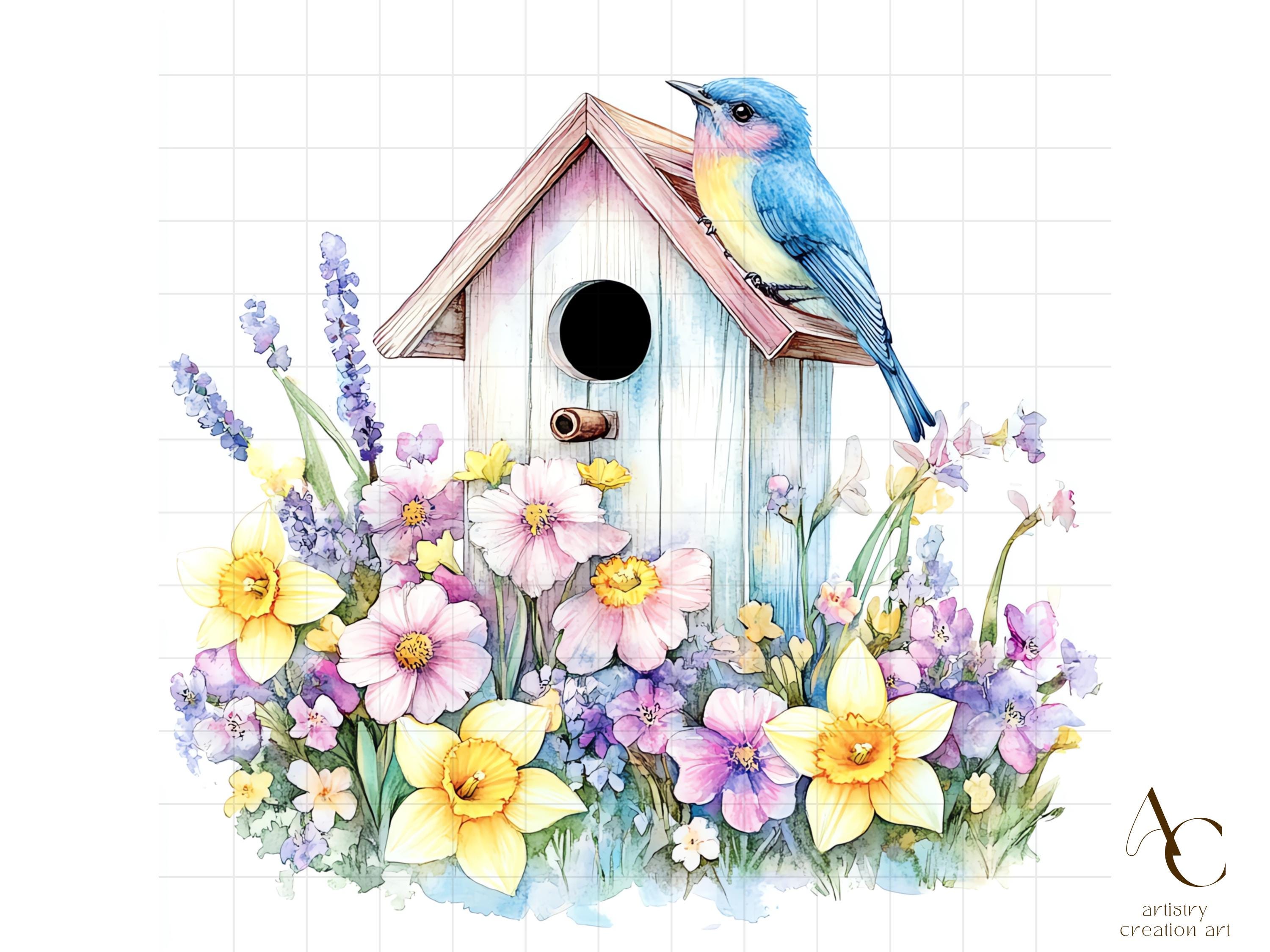 12 Spring Birdhouse Clipart, Bird Floral JPG, Bluebird Wildflower, Wild ...