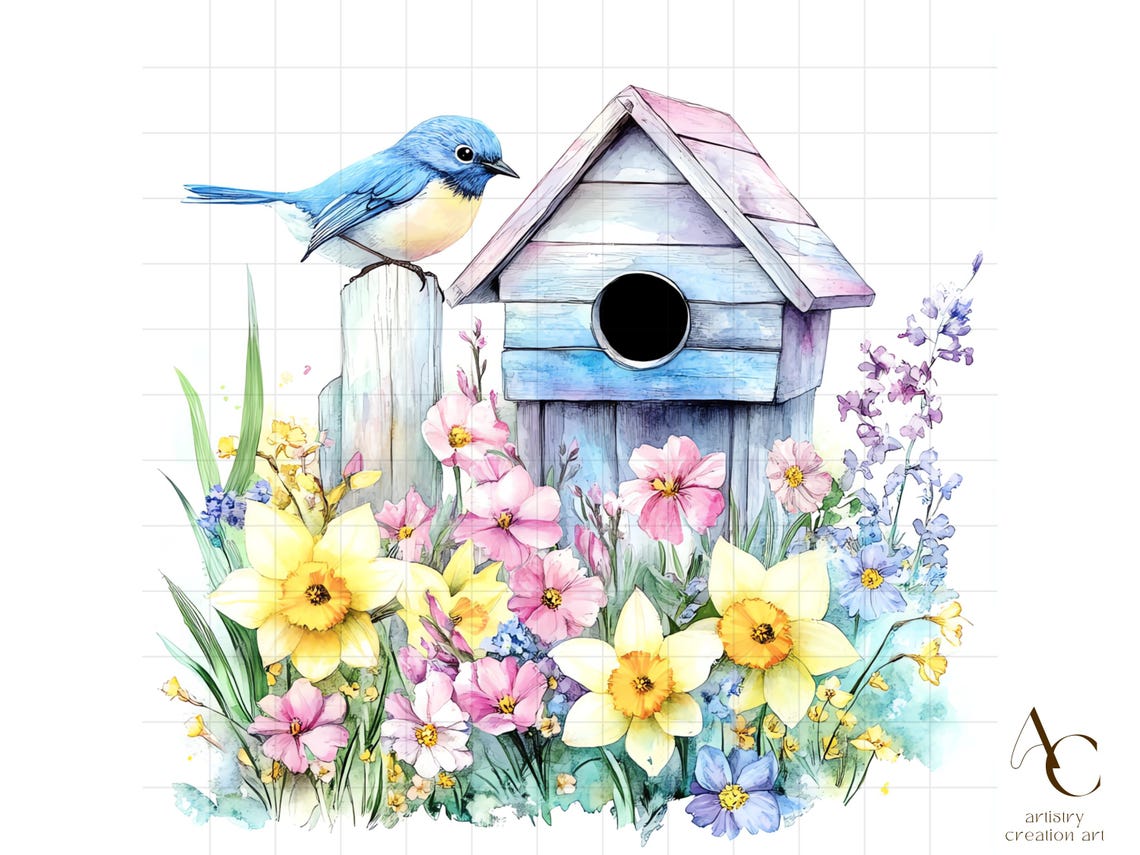 12 Spring Birdhouse Clipart, Bird Floral JPG, Bluebird Wildflower, Wild ...