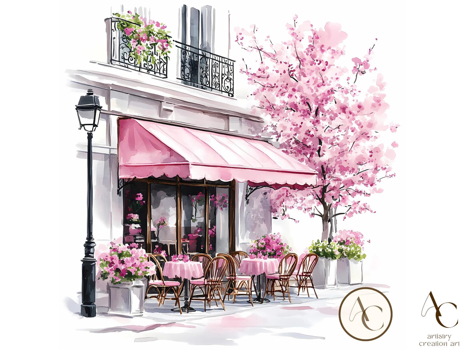 Pink Coffee Shop Clipart, Cute Paris Cafe JPG, Watercolor Parisian ...