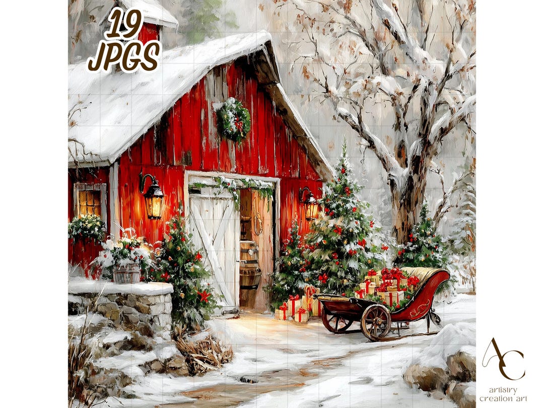 19 Christmas Barn Farm Scene JPG, Snowy Winter Clipart, Watercolor Xmas ...
