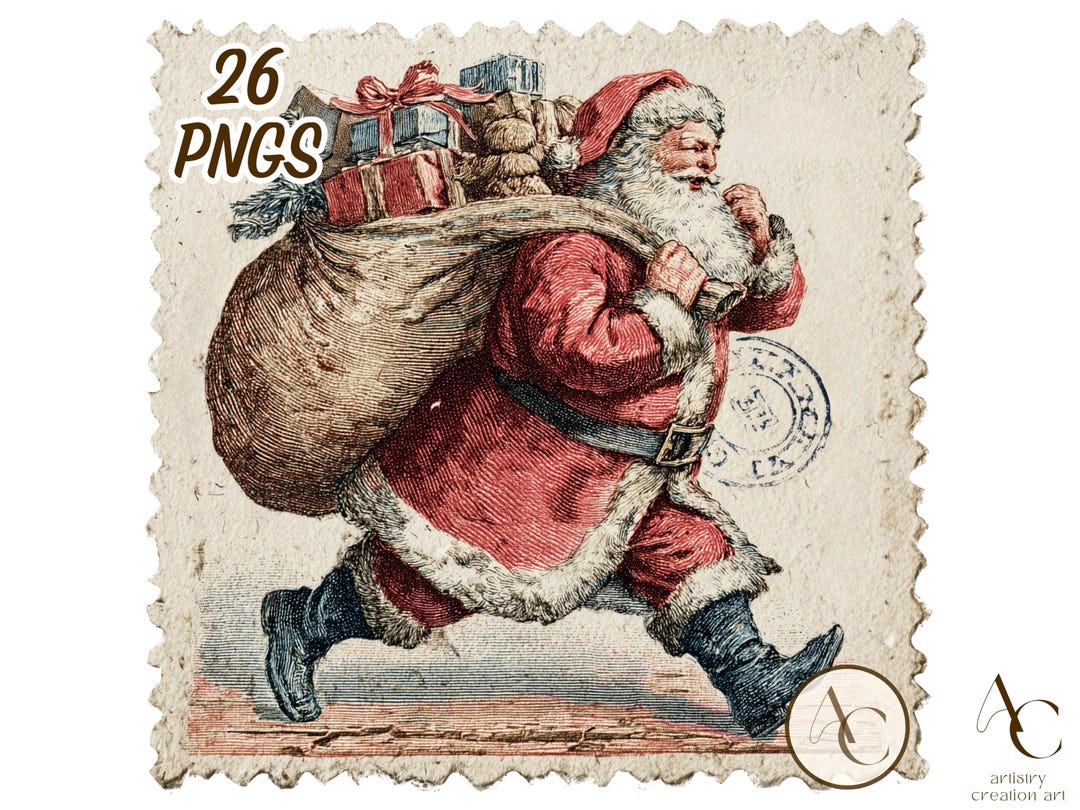 26 Christmas Stamps Clipart, Xmas Postal Png, Vintage Winter Season ...