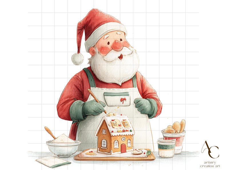 20 Santa Claus Baking Clipart PNG, Watercolor Xmas Bakery Bundle ...