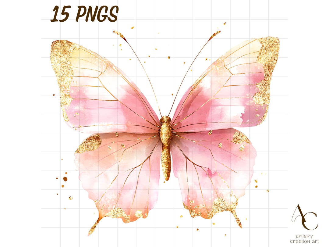 15 Glitter Butterfly Clipart, Pink Gold Insect Png, Watercolor Animal ...