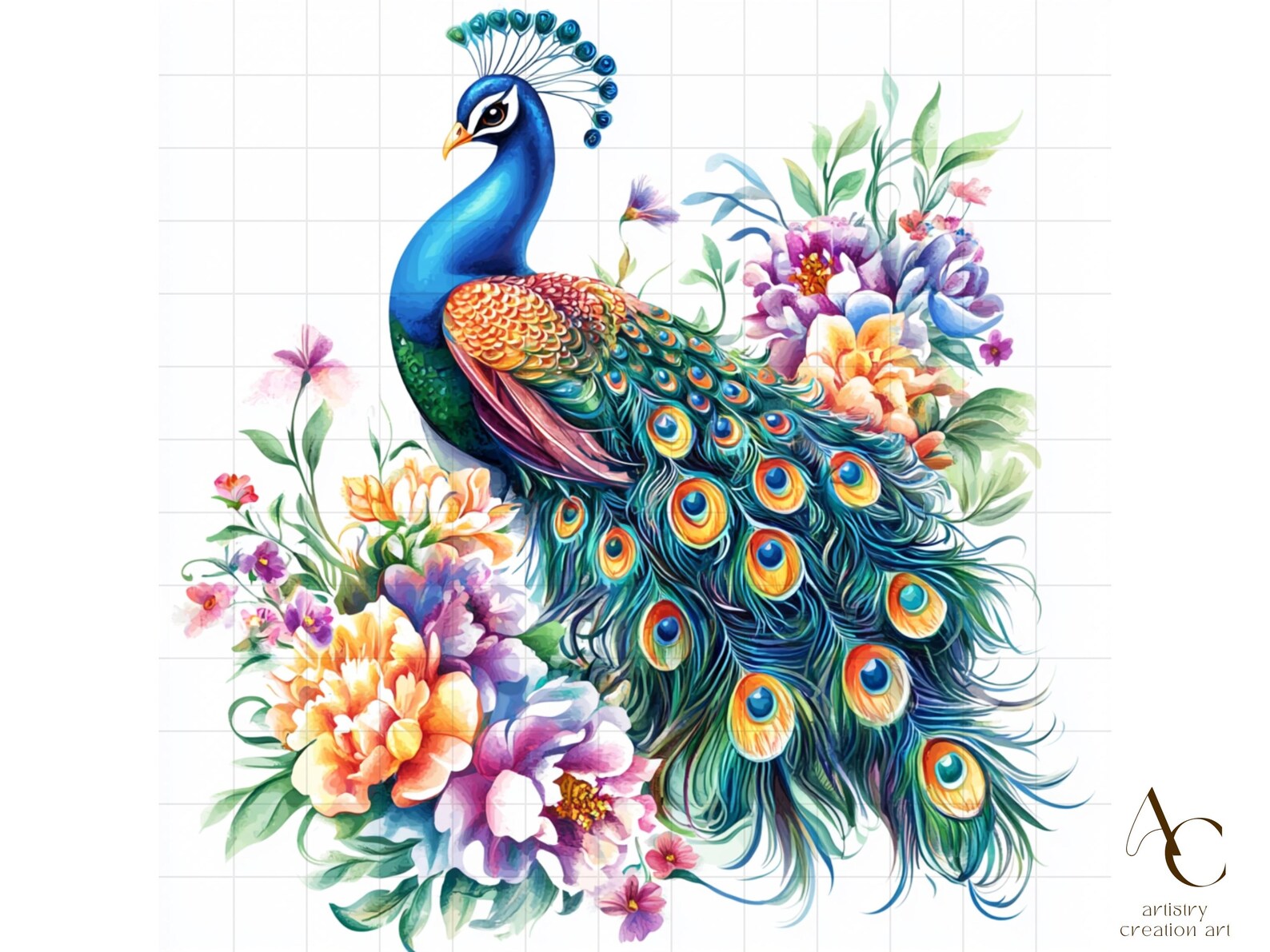 10 Tropical Peacock Clipart, Watercolor Flower JPG, Floral Bloom ...