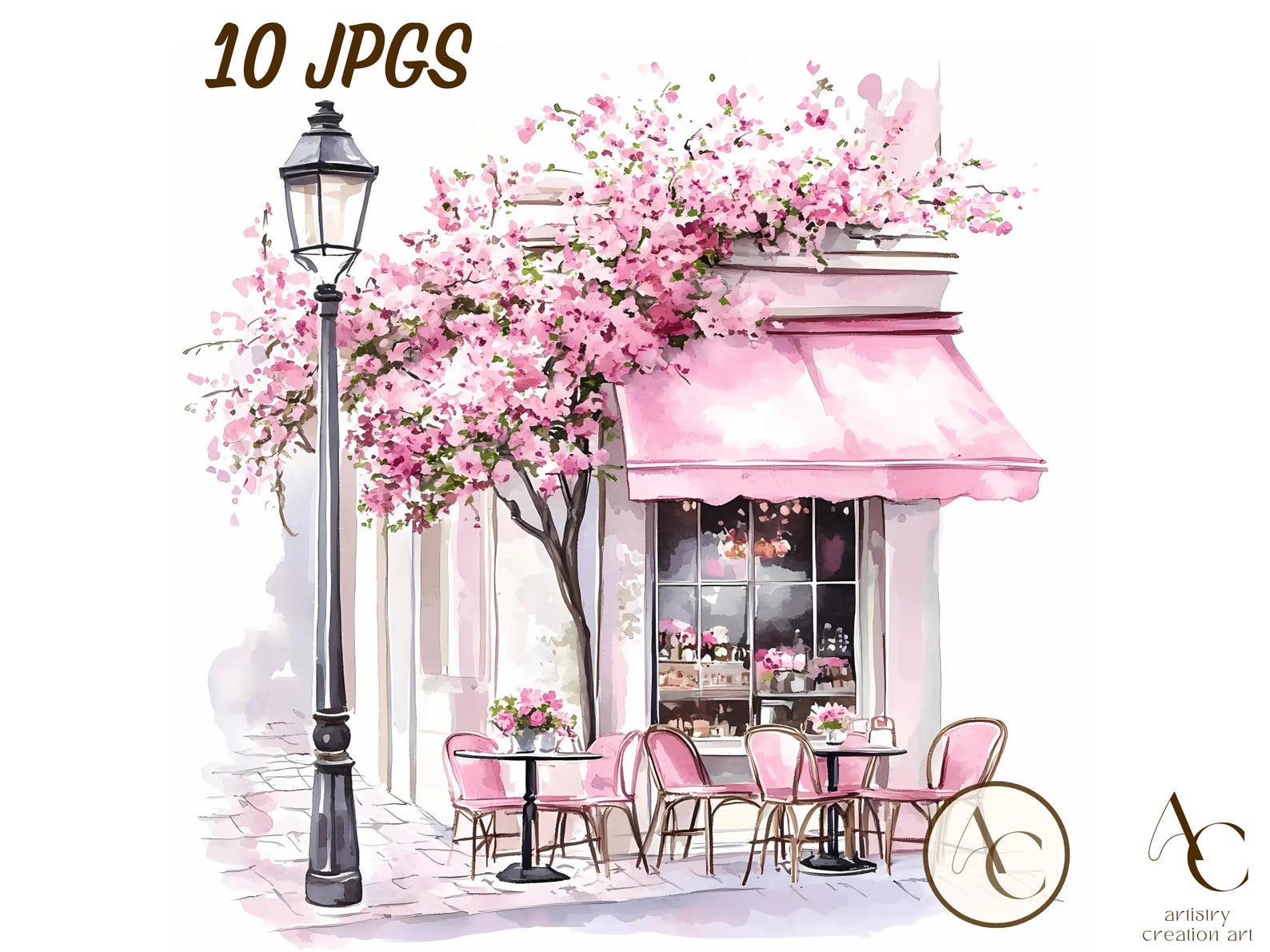 Pink Coffee Shop Clipart, Cute Paris Cafe JPG, Watercolor Parisian ...
