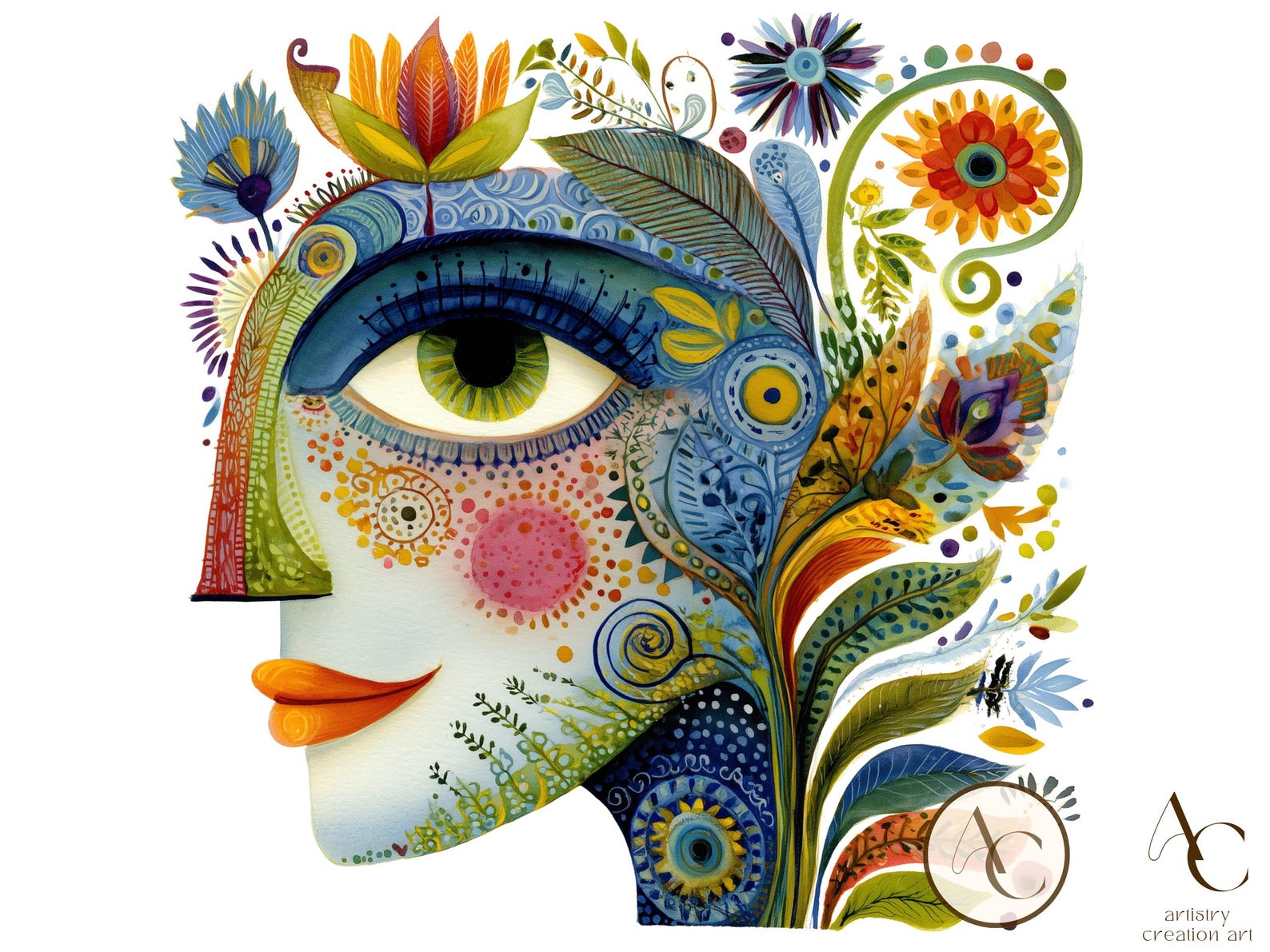 20 Abstract Face Clipart, Whimsical Girl Portrait JPG, Watercolor Woman ...