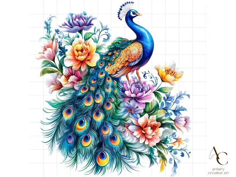 10 Tropical Peacock Clipart, Watercolor Flower JPG, Floral Bloom ...