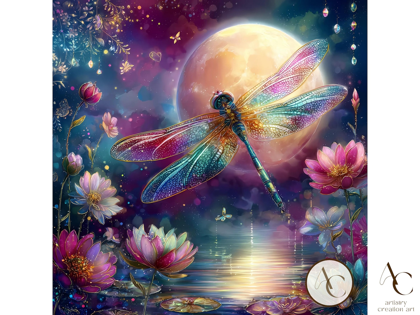 Dragonfly Clipart Bundle, Tropical Moon JPG, Insect Paper, Watercolor ...