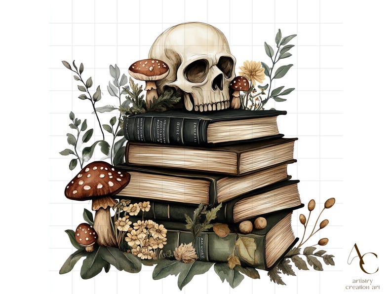 12 Cottagecore Books Clipart, Skull Bookish JPG, Mushroom Flower ...