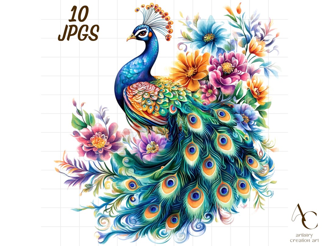 10 Tropical Peacock Clipart, Watercolor Flower JPG, Floral Bloom ...