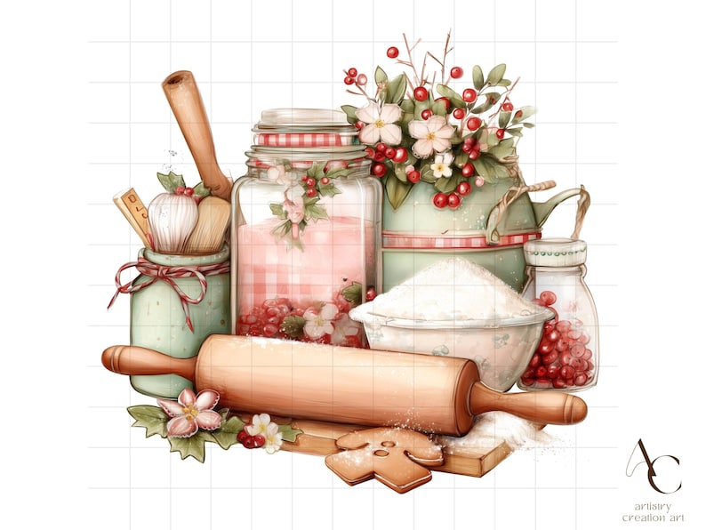 16 Christmas Baking Clipart JPG, Watercolor Xmas Bakery Bundle, Vintage ...