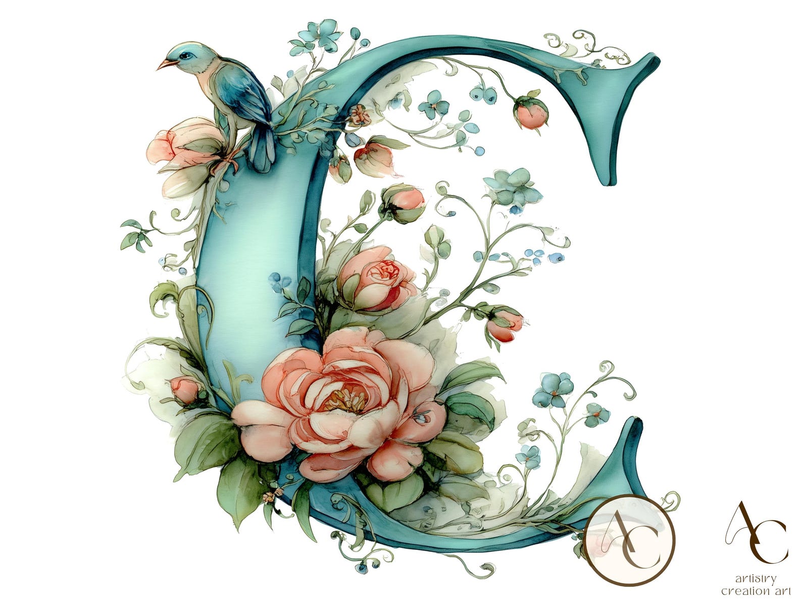 26 Floral Alphabet Letter Clipart Set, Watercolor Rose Birds Text ...