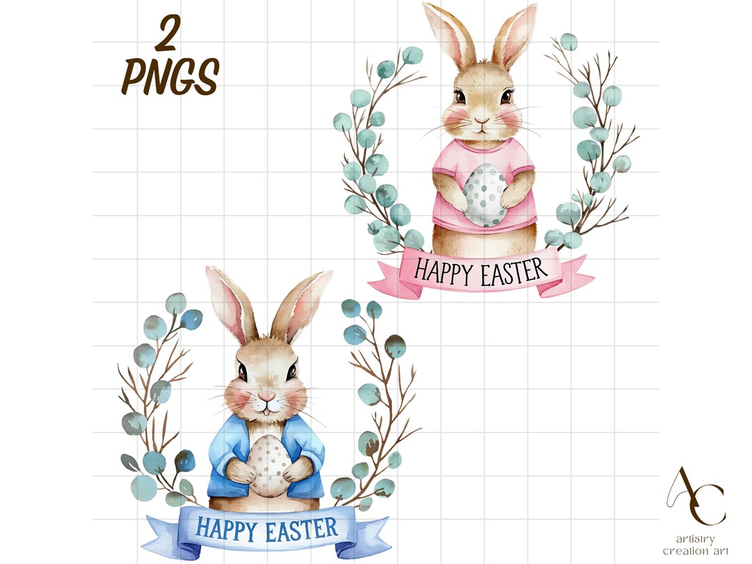 2 Easter Bunny Clipart, Pink and Blue Bunnies Png, Happy Easter Day ...