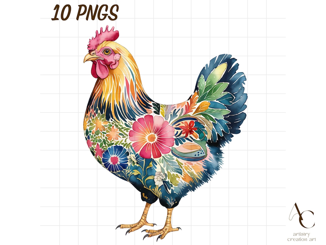 10 Floral Chicken Clipart, Watercolor Rooster Png, Spring Flower Design ...