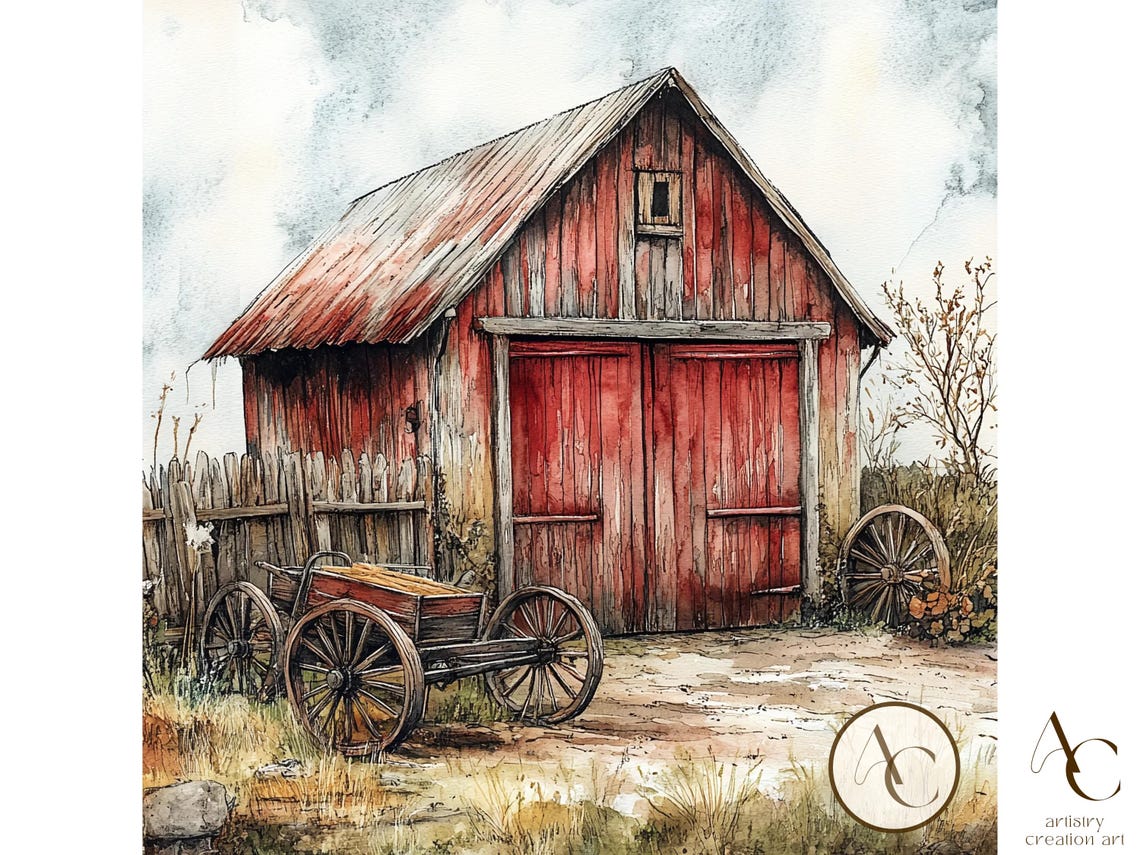 10 Old Barn Clipart Bundle, Vintage Farm Life JPG, Country Scene Paper ...